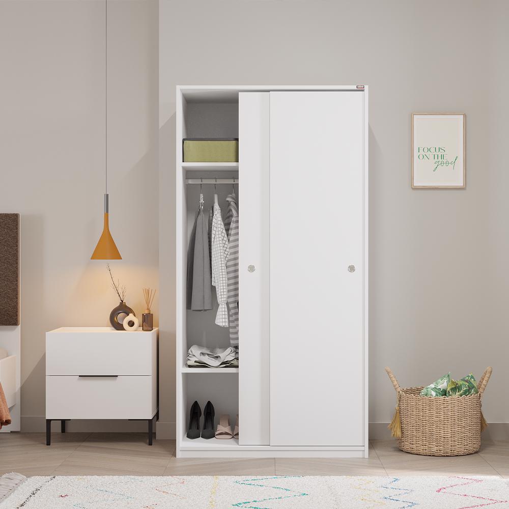 Adore Matt White Sliding 2 Door Wardrobe – Half Hanging, Half Shelves ...